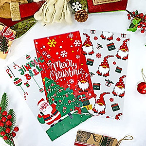 Moretoes Christmas Cellophane Bags 168Pcs Candy Treat Bags with 180Pcs Twist Ties 8 Assorted Styles Candy Bags Santa Claus & Gnome Pattern Snack Goodie Bag for Party Supplies