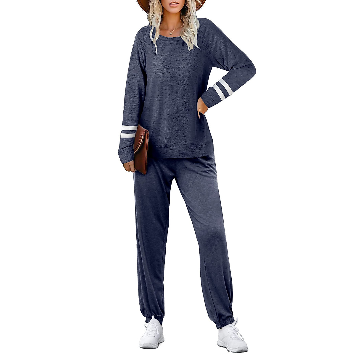 Ekouaer Sweatsuits Womens Loungewear Set Tracksuit Long Sleeve Pajamas Set with Pockets 2 Piece Outfits Lounge Sets Navy Blue XX-Large
