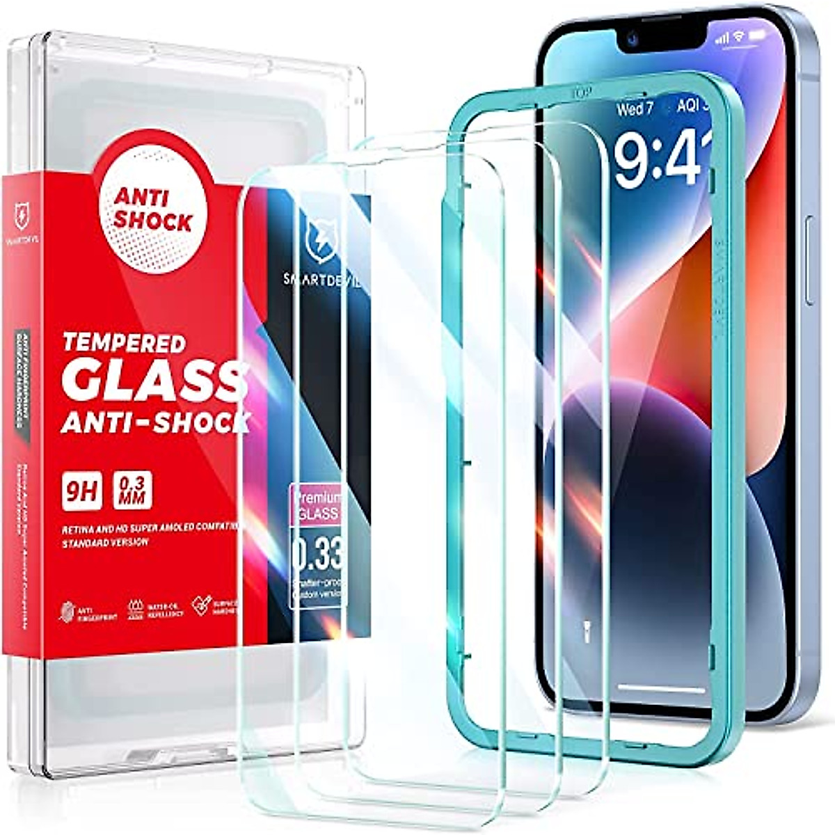 SmartDevil 3 Pack Screen Protector for iPhone 14/iPhone 13 / iPhone 13 Pro(6.1 Inch), [Easy Installation Frame][Double Military Grade Shatterproof] HD Bubble Free 9H Tempered Glass-Case Friendly