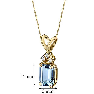 PEORA Solid 14K Yellow Gold Aquamarine and Diamonds Pendant for Women, Genuine Gemstone Birthstone Solitaire, Emerald Cut, 7x5mm