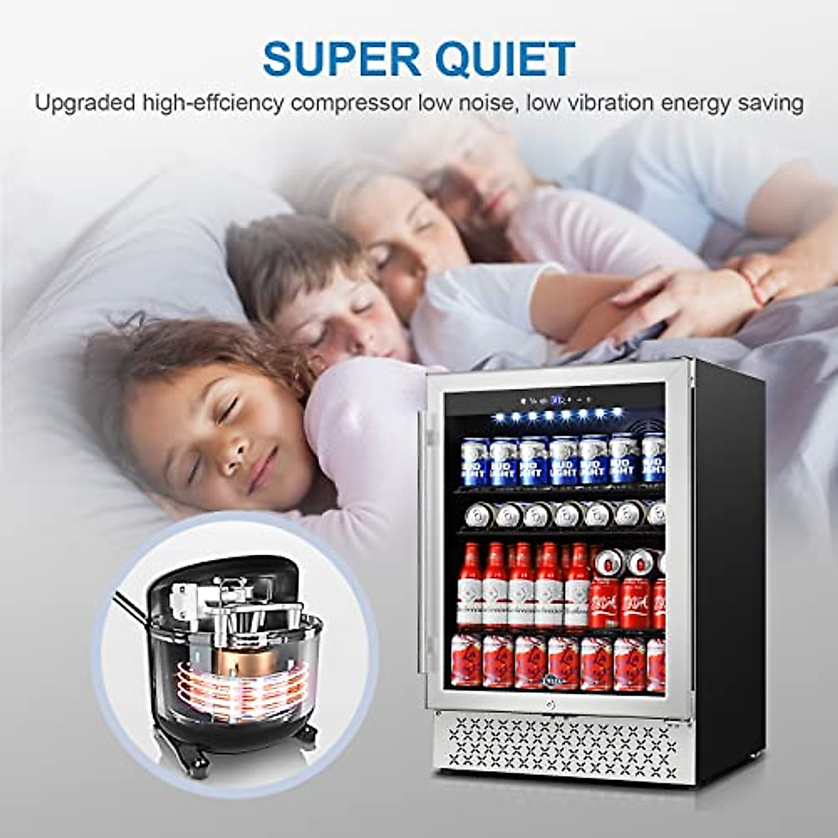 Tylza Beverage Refrigerator 24 Inch, 190 Can Built-in/Freestanding Beverage Cooler Fridge with Glass Door and Advanced Cooling Compressor for Beer and Soda or Wine, Low Noise, 37-64 F