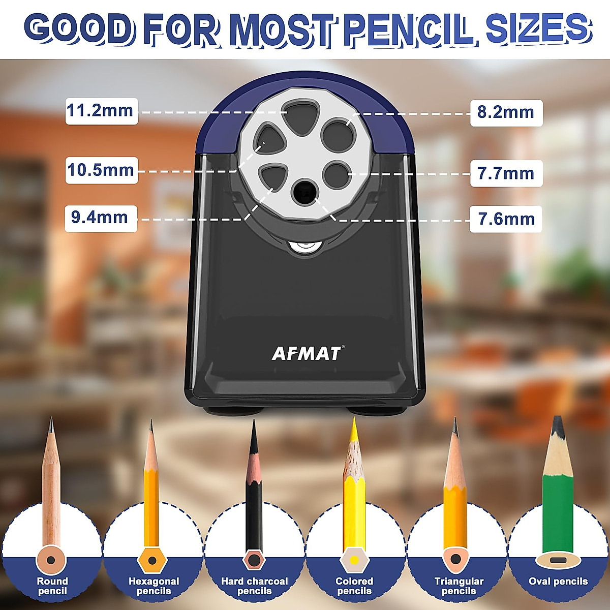 Heavy Duty Electric Pencil Sharpener, 6 Holes, AFMAT Classroom Sharpener for 6-11mm Pencils, Auto Stop, Super Fast, Save Pencils, School Teacher Must Have Pencil Sharpeners Plug in, Blue