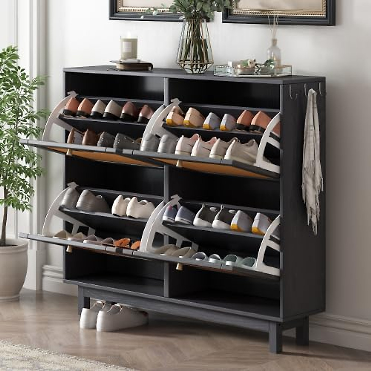 Wekity Rattan Boho Style Shoe Cabinet with 4 Flip Drawers, Modern 2-Tier Shoe Storage Organizer with Large Space, Free Standing Shoe Rack for Entrance Hallway (Black)