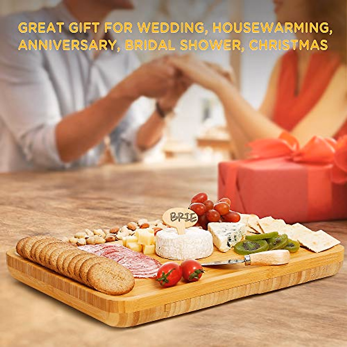 IPOW Cheese Board and Knife Set, Premium Bamboo Charcuterie Cheese Platter Cutting Board for Cheese Lovers Family Gatherings, Gifts for Mom, for Wedding Registry Housewarming Anniversary and Birthday