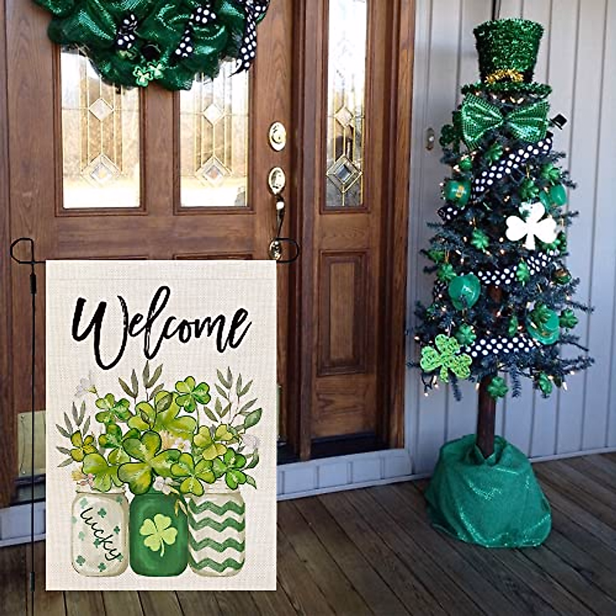 CROWNED BEAUTY St Patricks Day Garden Flag 12x18 Inch Double Sided for Outside Small Burlap Green Shamrocks Clovers Lucky Welcome Yard Holiday Flag CF725-12