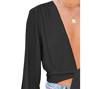 LYANER Women's Deep V Neck Tie Front Knot Long Sleeve Sexy Wrap Crop Top Blouse Solid Black Medium