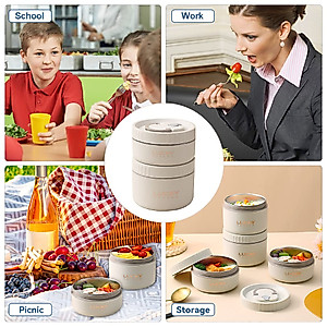 ArderLive Portable Insulated Lunch Container, Portable Insulated Food Container for Adults Thermal Lunch Bento Box Stainless Steel Microwave Safe, Beige 2Pcs 34oz/4.25 Cup