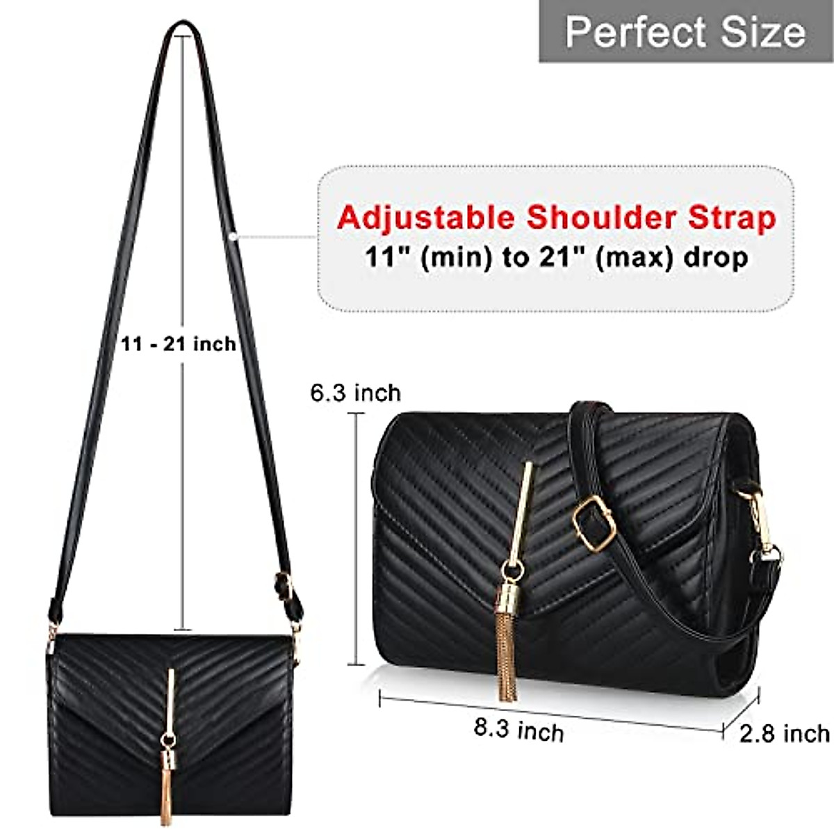 Black Leather Quilted Flap Crossbody Bag for Women - Perfect for Everyday Use, Best Cross body Purse Designer Shoulder Bag with Tassel