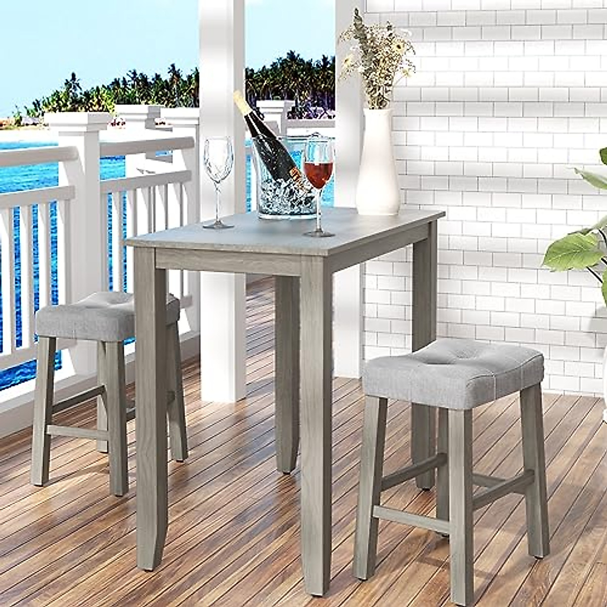Nathaniel Home 3 Piece Table Set Counter Height Dining Furniture One Bench and Two Saddle Stools, Gray