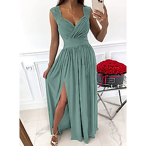 Dokotoo Womens Ladies Elegant Floor Length A Line Wrap Deep V Neck Backless Ruched Pleated Ruffled Split Long Maxi Formal Evening Party Prom Dress Bridesmaid Wedding Guest Dresses for Women Green L
