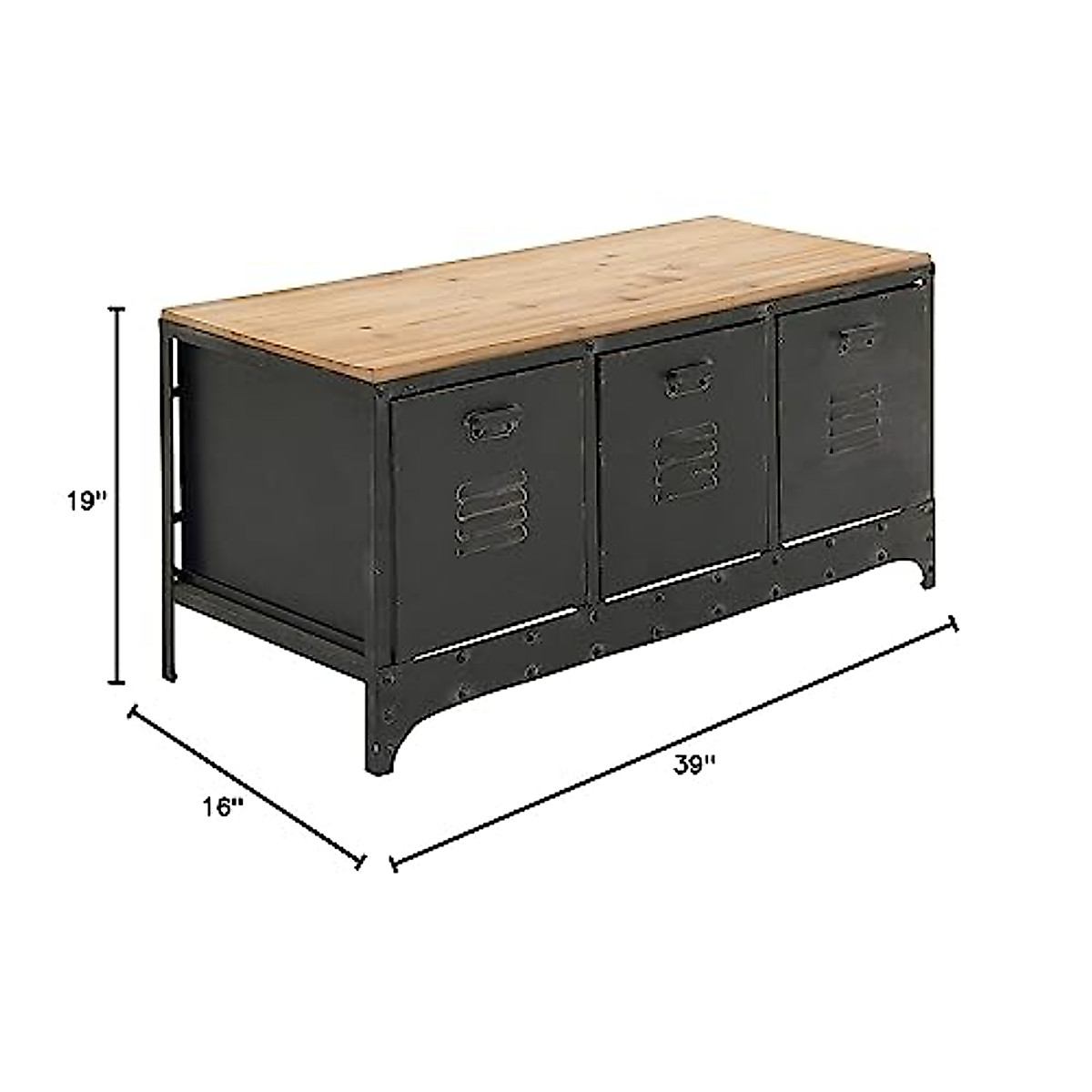 Deco 79 Metal Low Profile File Cabinet 3 Drawers Storage Bench with Brown Wood Top, 39" x 16" x 19", Black