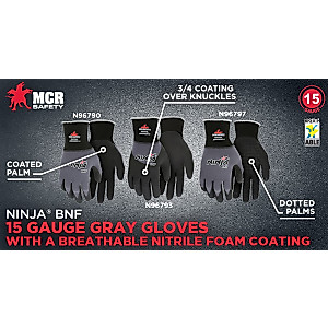 MCR Safety Gloves N96793L Ninja BNF Work Gloves 15 Gauge Nylon/Spandex Shell with NFT Coated Over the Knuckle Palm, Large,Black
