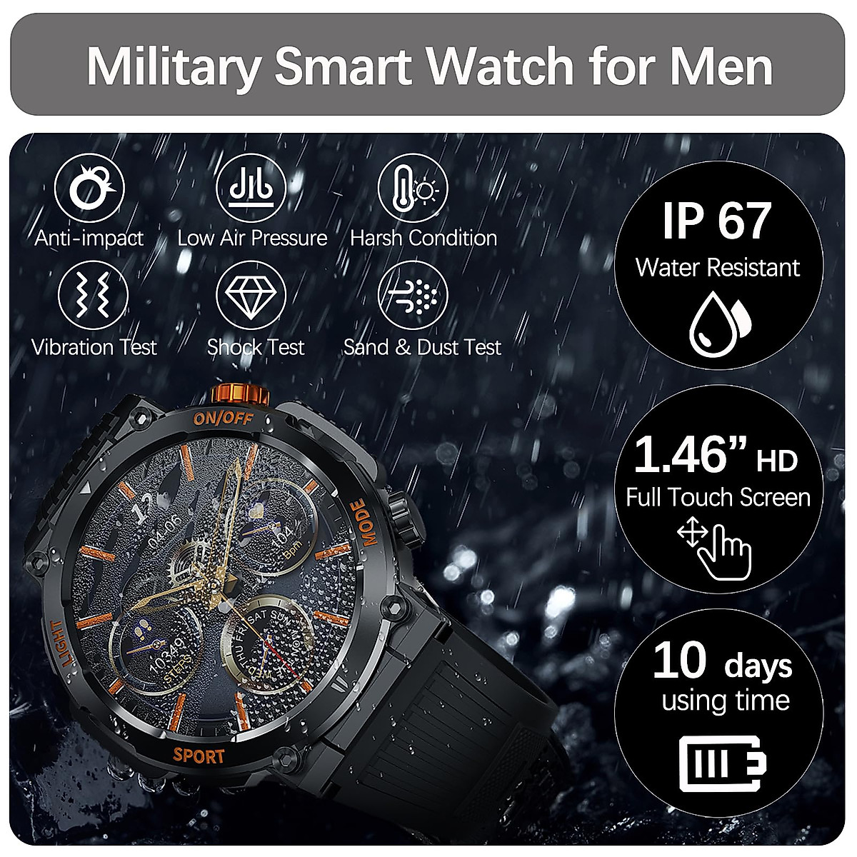 Military Smart Watch for Men Answer/Make Call, Outdoor Waterproof Tactical Sports Smartwatch with LED Flashlight Compass, Heart Rate Sleep Monitor Fitness Tracker Watches for iPhone Android Phone