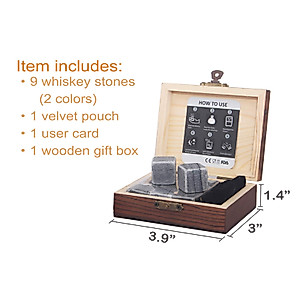 Whiskey Stones Gift Set Pack of 9 Whiskey Rocks in Engraved Wooden Gift Box, for Dad/Whisky/Bourbon Drinker, Men/Women Birthday Present, Barleo Malt°