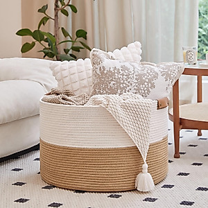 R RUNKA Extra Large Basket 22" x 14", Soft Woven Storage Basket with Leather Handles,Big Basket and Organizer for Laundry, Toys, Books and Baby Blankets