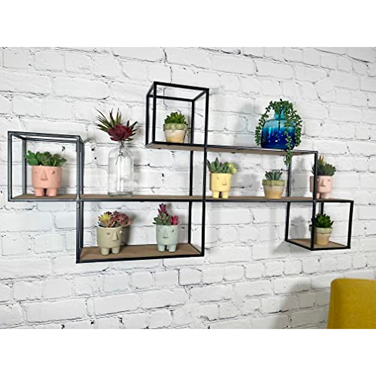 Admired By Nature White Oak Wood Modern Offset Mounted Metal Hanging Storage Floating Shelves, Black, ABN5E159-NTRL Wall Shelf