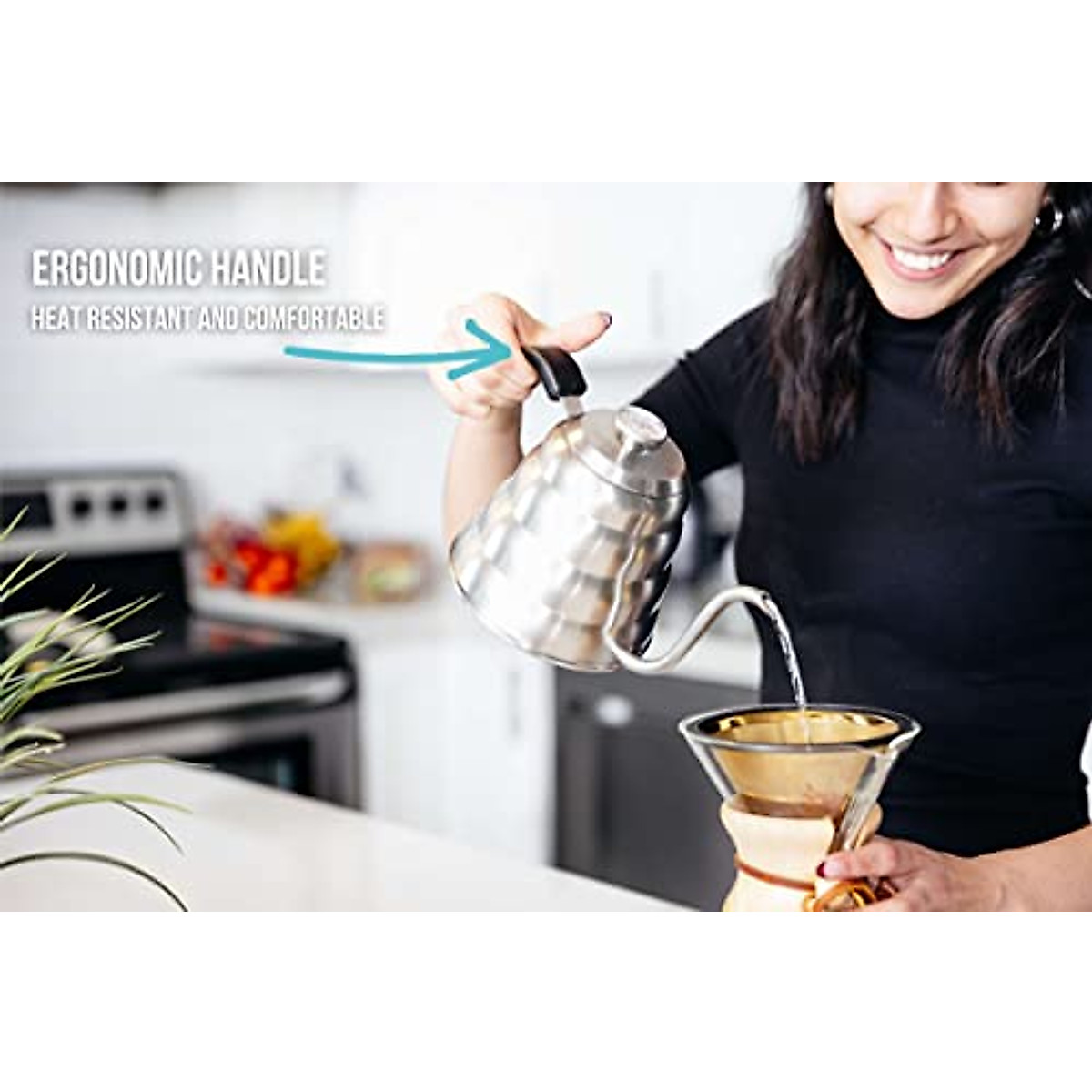 Barista Warrior Gooseneck Kettle for Pour Over Coffee and Tea with Thermometer for Exact Temperature, Precision Pour Drip Spout, Stainless Steel, Compatible with all Stove Tops (1.2 Liter, 40 fl oz)