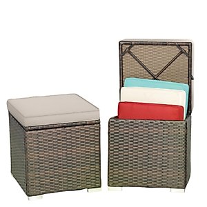 MEDIMALL Patio Wicker Ottoman Set of 2, Multipurpose Outdoor Footstool w/Removable Cushions, Rattan Side Table w/Storage, Footstool Ottoman Seat for Garden, Backyard, Poolside (Beige)