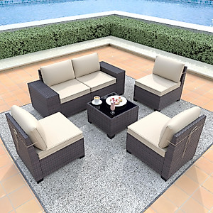 Gotland 6-Piece Patio Furniture Set, All-Weather PE Rattan Outdoor Sectional with Replaceable Khaki Waterproof Cushions and Coffee Table