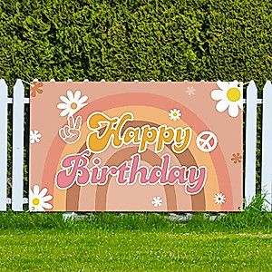 DARUNAXY Happy Birthday Boho Rainbow Banner, Groovy Birthday Party Decoration Happy Birthday Party Supplies, Boho Rainbow Birthday Backdrop for Baby Girls Rainbow Decorations Photography Background