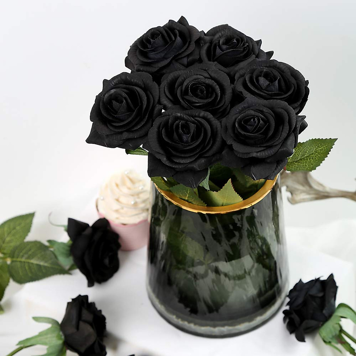 IPOPU Black Roses Artificial Flowers 12pcs Artificial Roses Real Touch Black Fake Silk Rose Flowers Floral Arrangement Faux Roses for Home Wedding Party Shop Garden Bridal Decorations DIY (Black)