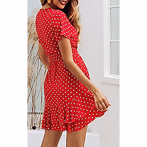 ECOWISH Women's V Neck Polka Dot Ruffles Mini Sexy Dress Short Sleeve Wrap Summer Dresses with Belt Red Small