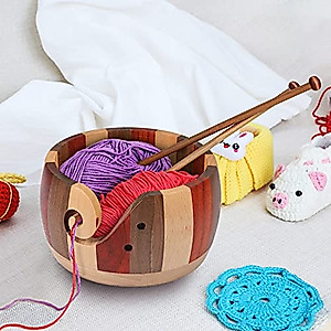 LucyPhy Wooden Yarn Bowl 6 x 3.1inch Handmade Craft Knitting Bowl Wool Storage Basket with Carved Holes & Drills for DIY Knitting Crocheting Accessories(Mixed Color)