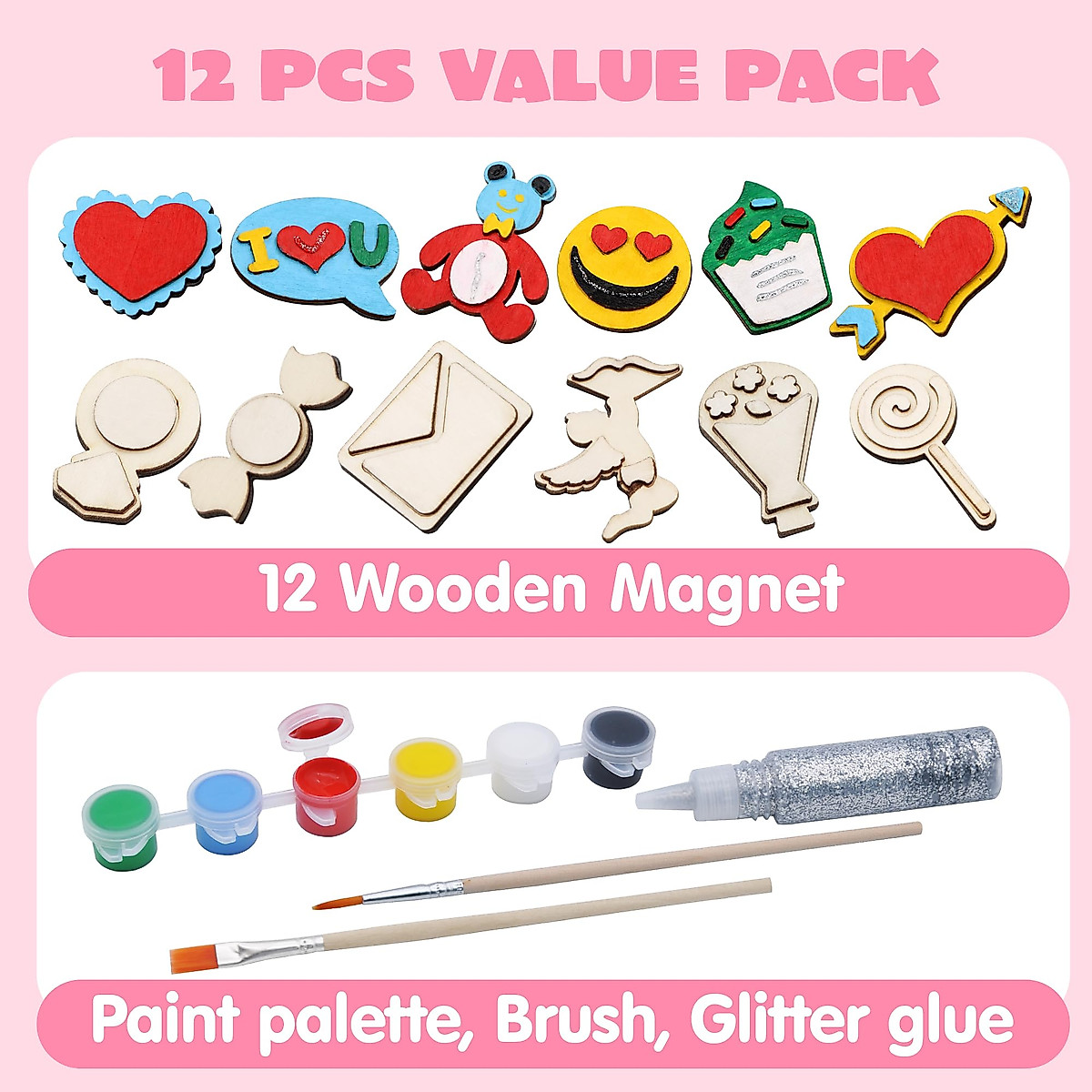 JOYIN 12Pcs Valentines Day Wooden Magnet Painting Craft Tools for Kids Paint Your Own Wood Magnets for Kids 4-8 Creativity Arts & Crafts Painting Tools Birthday Parties, Family Crafts Classroom Prize