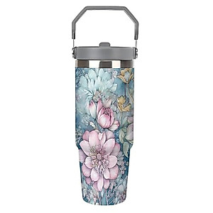 YTLKGFP 30 Oz Large Capacity Car Cup Blue Style Flowers Tumbler with Handle Straw Lid Insulated Stainless Steel Water Bottle Travel Mug Leak-proof Car Cup Keeps Cold Or Hot