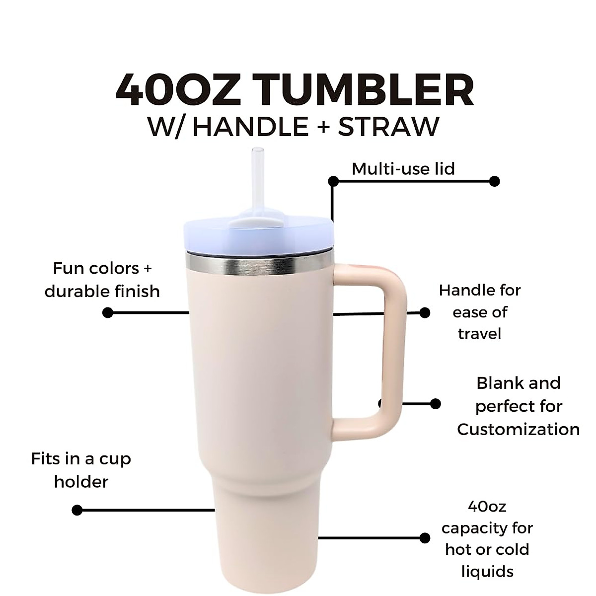 FTB Creative 40oz Insulated Journey Tumbler Mug, Double Wall Stainless Steel, with Lid and Straw (Blush)