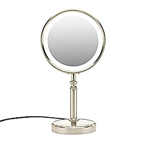 Conair Reflections Double-Sided LED Lighted Tabletop Mount Vanity Makeup Mirror, 1x/10x magnification, Satin Nickel