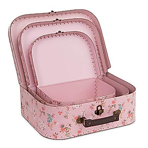 Jewelkeeper Paperboard Suitcases, Set of 3 - Vintage Decorative Storage Box, Luggage Decor Storage, Vintage Decor for Birthdays and Weddings, Pink Floral Design