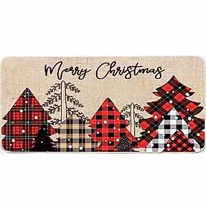 MENORCA Christmas Trees Doormat,Merry Christmas Red Buffalo Plaid Decorative Indoor Outdoor Entrance Doormat Xmas Winter Welcome Door Mat Anti-Slip Rubber for Seasonal Holiday Decortion 17x36 Inch
