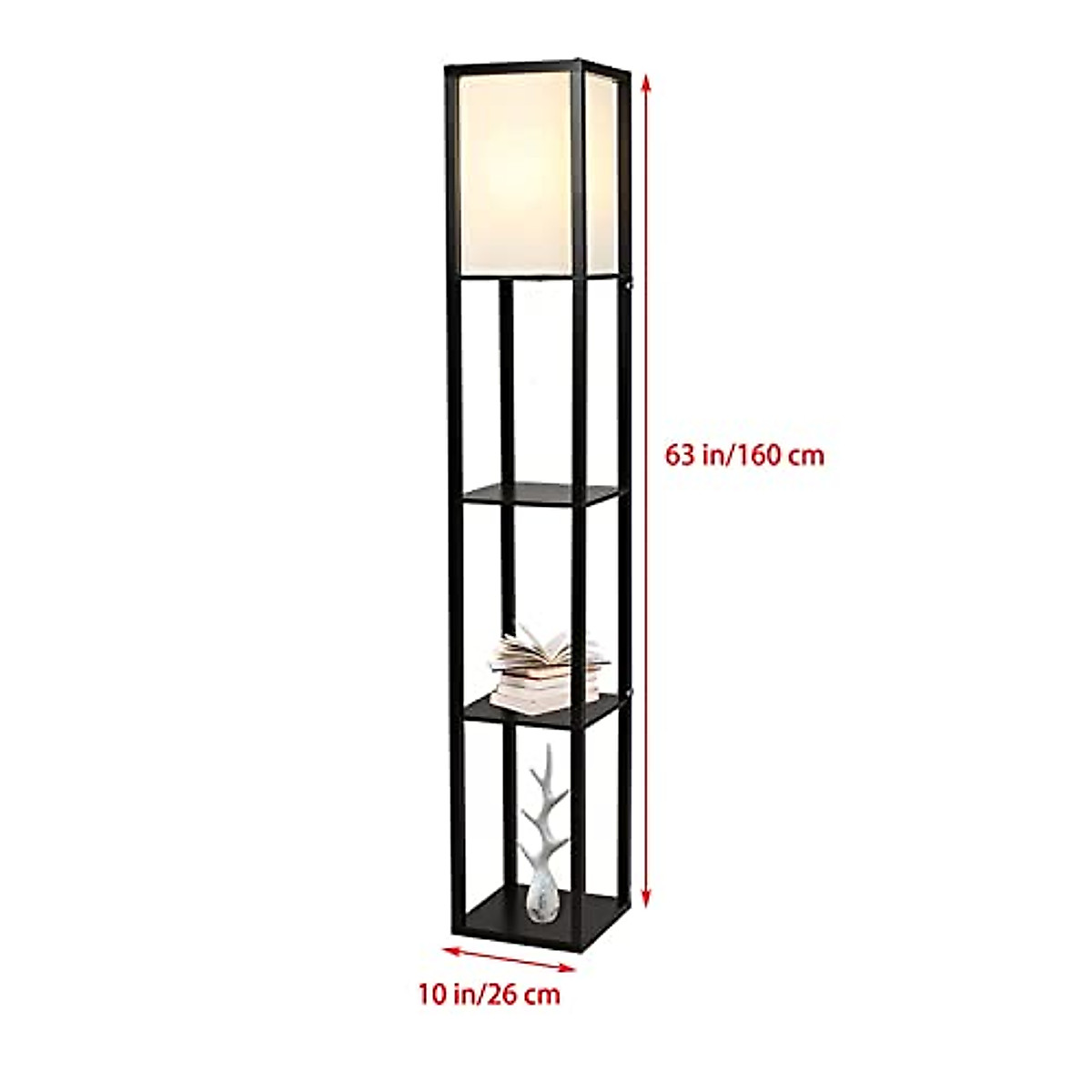 Battery Operated Floor Light with Remote Control,Wood Black Tall lamp with Shelves,Standing Light with Energy-Saving Light Bulb,Floor Light with Fabric lampshade,with Bulb+Remote+Charging Cable