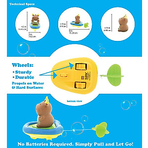 Dollibu Boat Racer Buddy, Fun Educational Bath Toy Finger Puppet Pull and Go Water Racing Woodland Pal for Shower Pool Bathtub Swim Hard Surface for Baby Toddler and Boy - 6 Inch - 3 in 1 Game - Moose