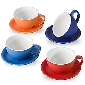 Yundu Porcelain Latte Cup and Saucer - 10 oz for Cappuccino,Tea,Cafe Mocha, Set of 4,Matte Mixed Color