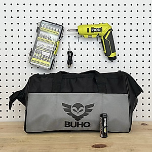 USB Lithium Screwdriver Bundle with Ryobi Cordless Screwdriver, USB Lithium 2.0 Ah 4-Volt Lithium-ion Rechargeable Battery, USB Charging Cable, Multipurpose Drill Bit Set and 16 Inch Buho Tool Bag