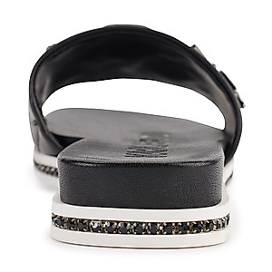 Karl Lagerfeld Paris Women's Jeslyn Effortlessly Fashionable Slide-On Shoes with Bold KLP Pins Flat Sandal, Black, 8