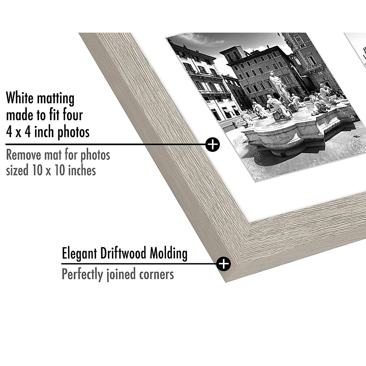 Americanflat 10x10 Collage Picture Frame in Driftwood - Displays Four 4x4 Frame Openings - Engineered Wood Square Picture Frame with Shatter Resistant Glass, and Includes Hanging Hardware for Wall