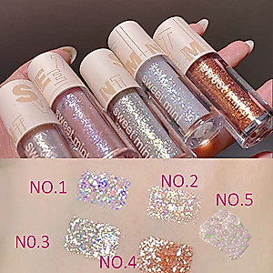 Aolailiya 5pcs Liquid Glitter Eyeshadow Set, Sparkling Metallic High Pigmented Glitter Eye Shadow Korean Makeup, Long Lasting, Quick Drying, Loose Glitter Glue for Eye Crystals Makeup