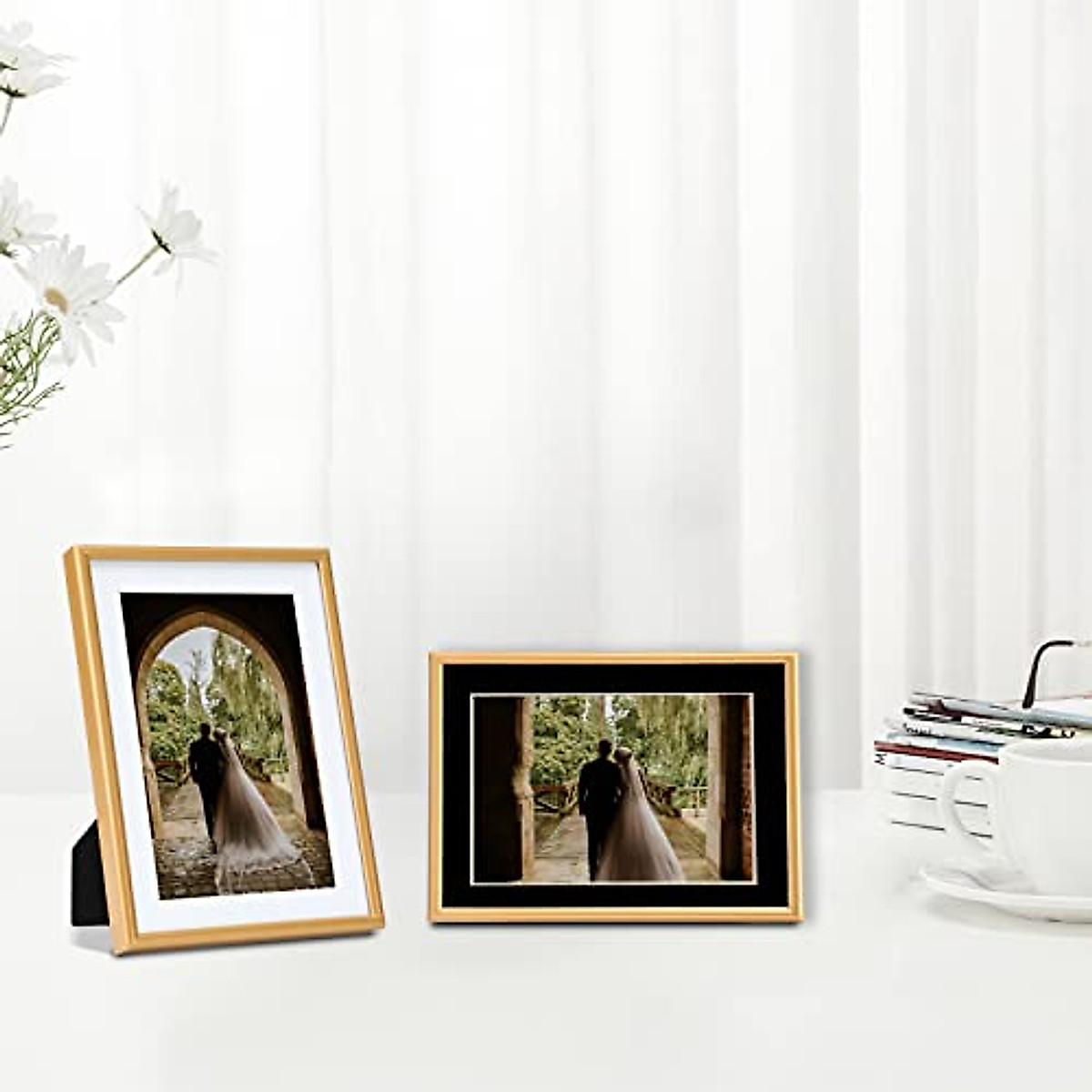 Fkvat 4x6 Picture Frame Set of 4, Matted Gold Simple Modern Thin Aluminum Metal Photo Frame Fits 3x5 with Mat or 4x6 without Mat Photo. Display for Tabletop or Wall Collage. (Horizontal & Vertical). with White and Black Mats.