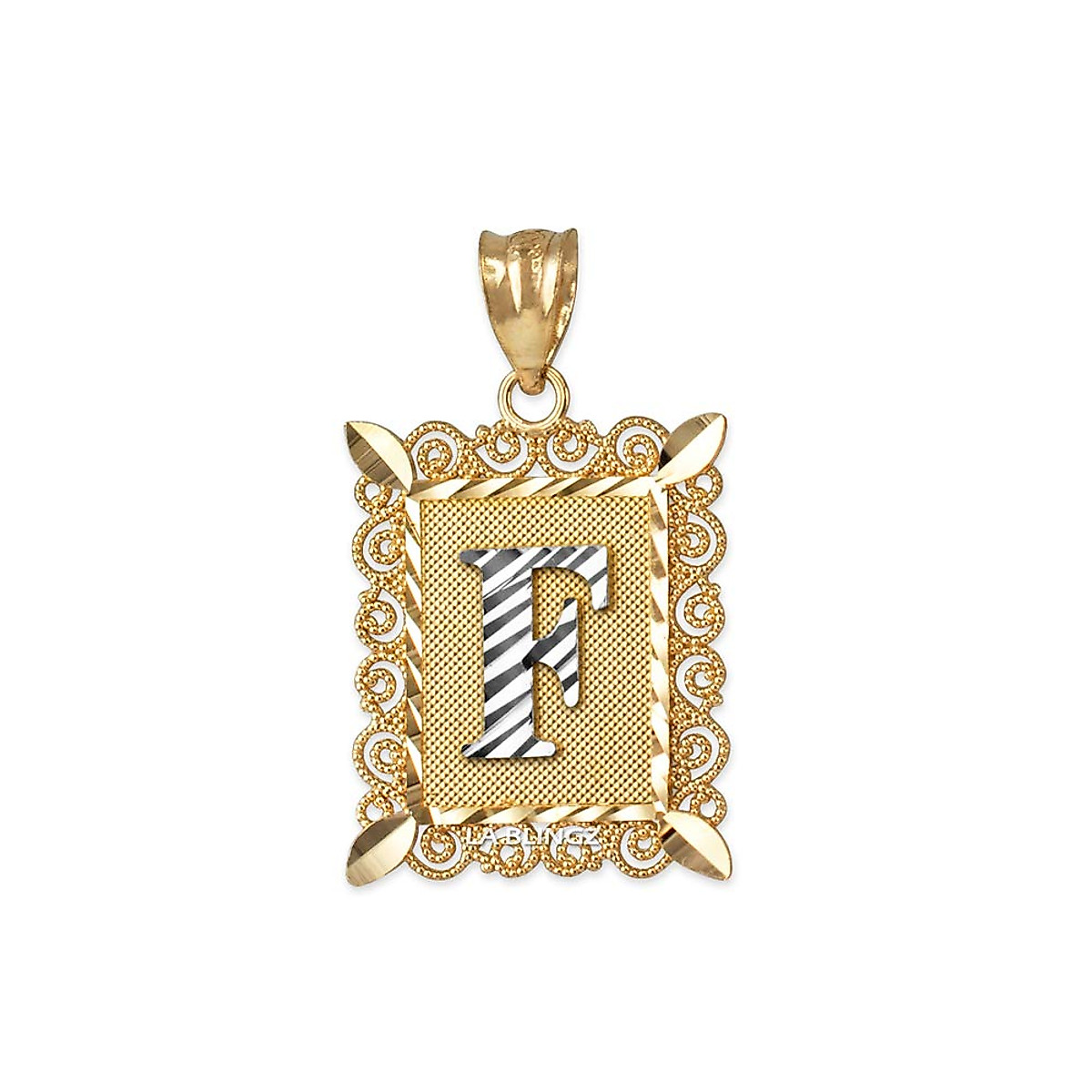 LA BLINGZ 14K Yellow Gold Filigree Alphabet Initial Letter F DC Pendant (S/L) (Large)
