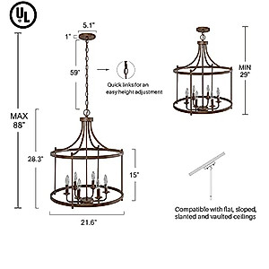 LOG BARN Farmhouse Chandelier, Dining Lighting Fixtures Hanging in Rustic Bronze, Drum Pendant for Kitchen Island, Living Room