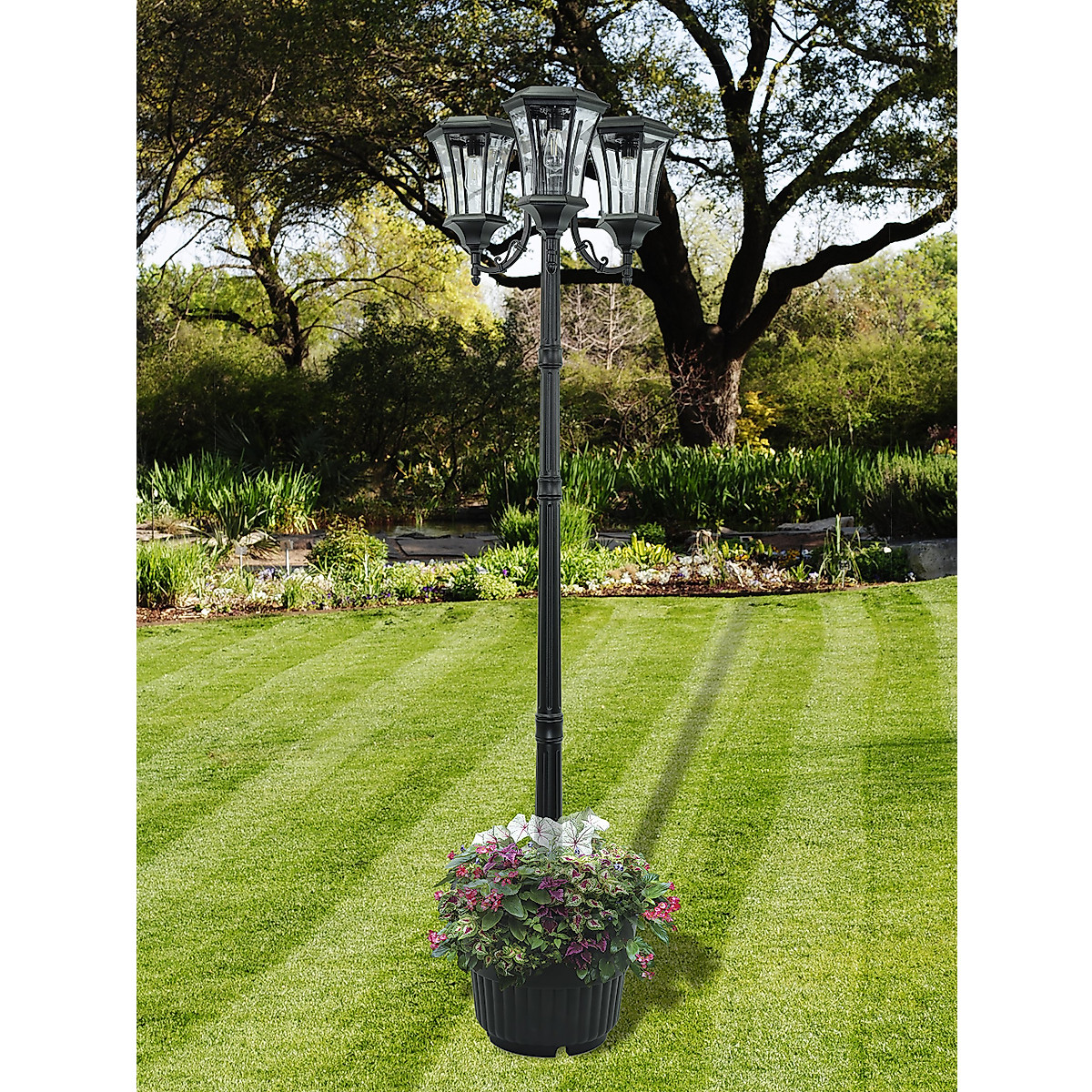 Sun-Ray 312016 Avalon 3-Head Solar Lamp Post and Planter, 7 ft, Black, Batteries Included