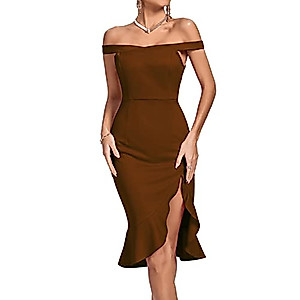 LYANER Women's Off Shoulder Ruffle Split Hem Bodycon Party Club Midi Dress Brown Medium