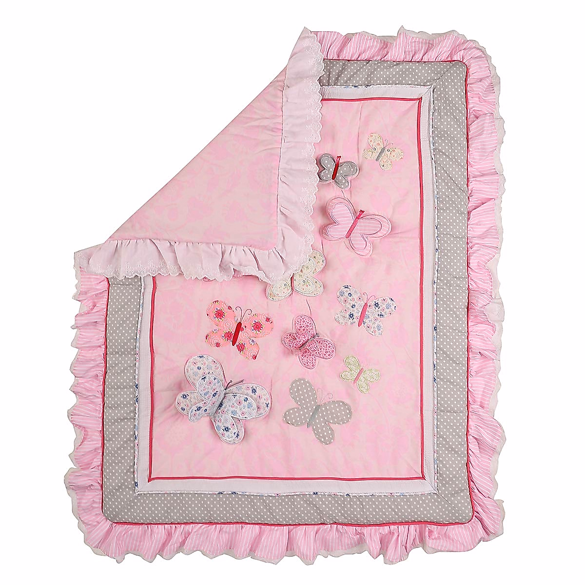 7 PCs Pink Embroidery Butterfly Nursery Crib Bedding Set 100% Cotton Baby Girl 3D Butterfly Themed Cot Bedding Set 1 Quilt, 1 Skirt, 1 Fitted Sheet, 1 Window Valance, 3 Butterfly Shaped Wall Decor