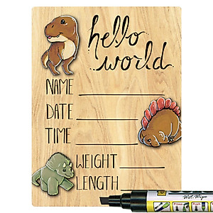 Cohas Hello World Newborn Baby Announcement Printed Wood Sign with Dinosaur Theme, 5 by 7 Inches, Black Marker