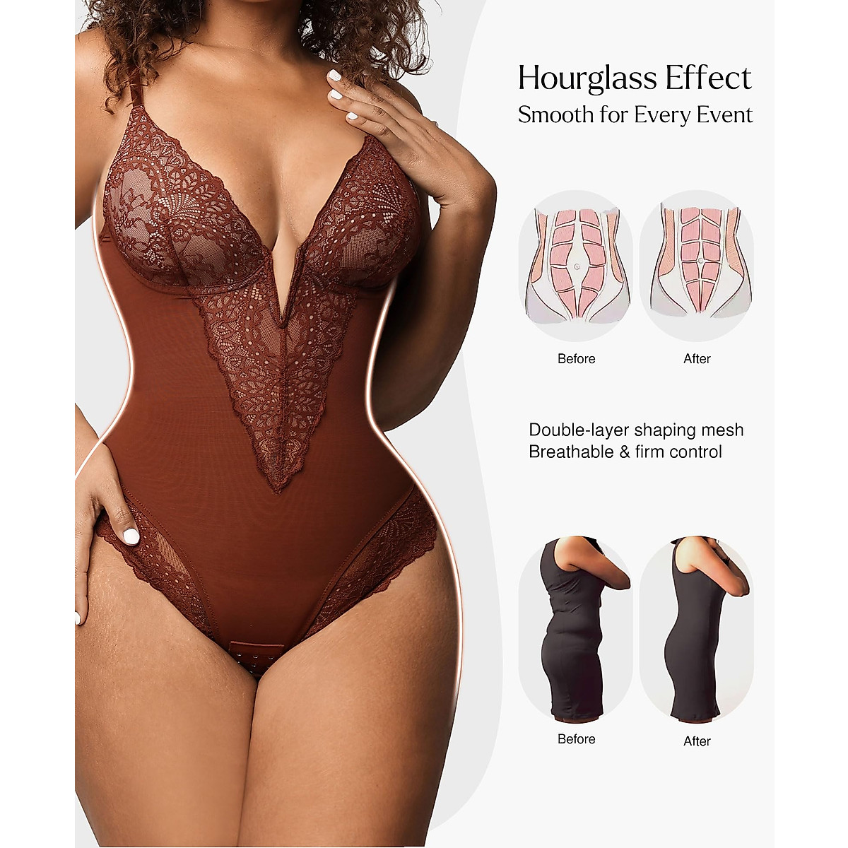 Popilush Corset Tops for Women Tummy Control Shapewear Brown Lace Thong Bodysuit Backless Body Suit L