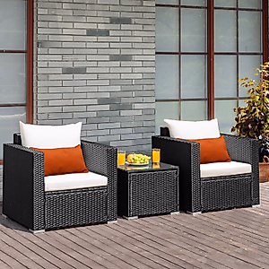 Toolsempire 3 Pieces Patio Conversation Set Outdoor Rattan Wicker Furniture Set with Water-Resistant Cushion & Tempered Glass Tabletop, Wicker Chair for Porch, Balcony, Backyard(Beige)
