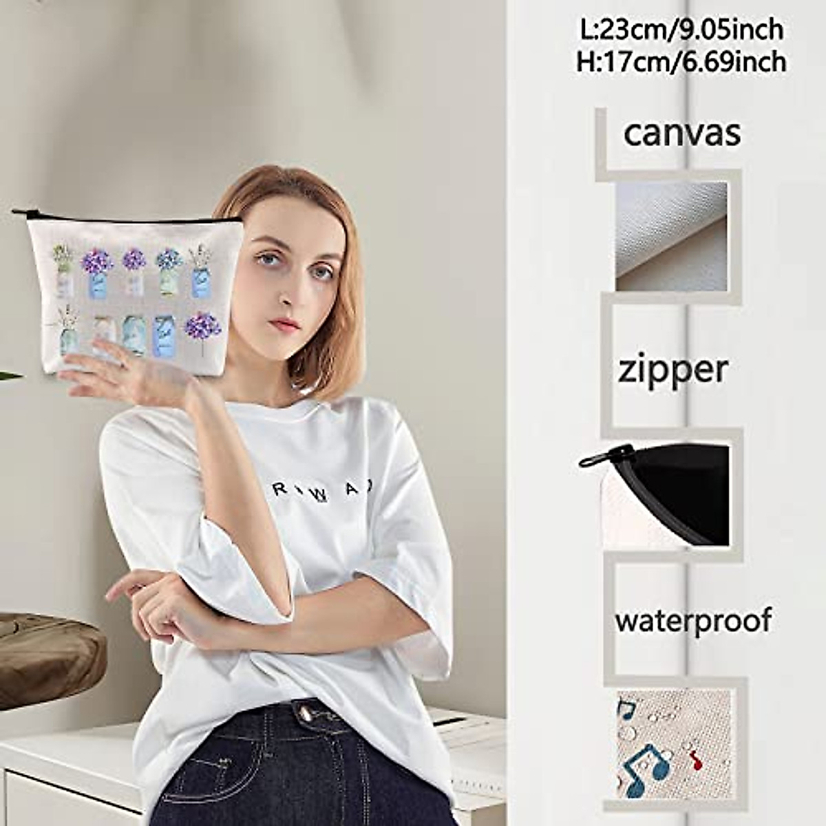 LEVLO Hydrangea and Lavendar Flowers in Jars Cosmetic Make Up Bag Flower Lover Gifts Floral Mason Jars Makeup Zipper Pouch Bag (Mason Jar Lavender)